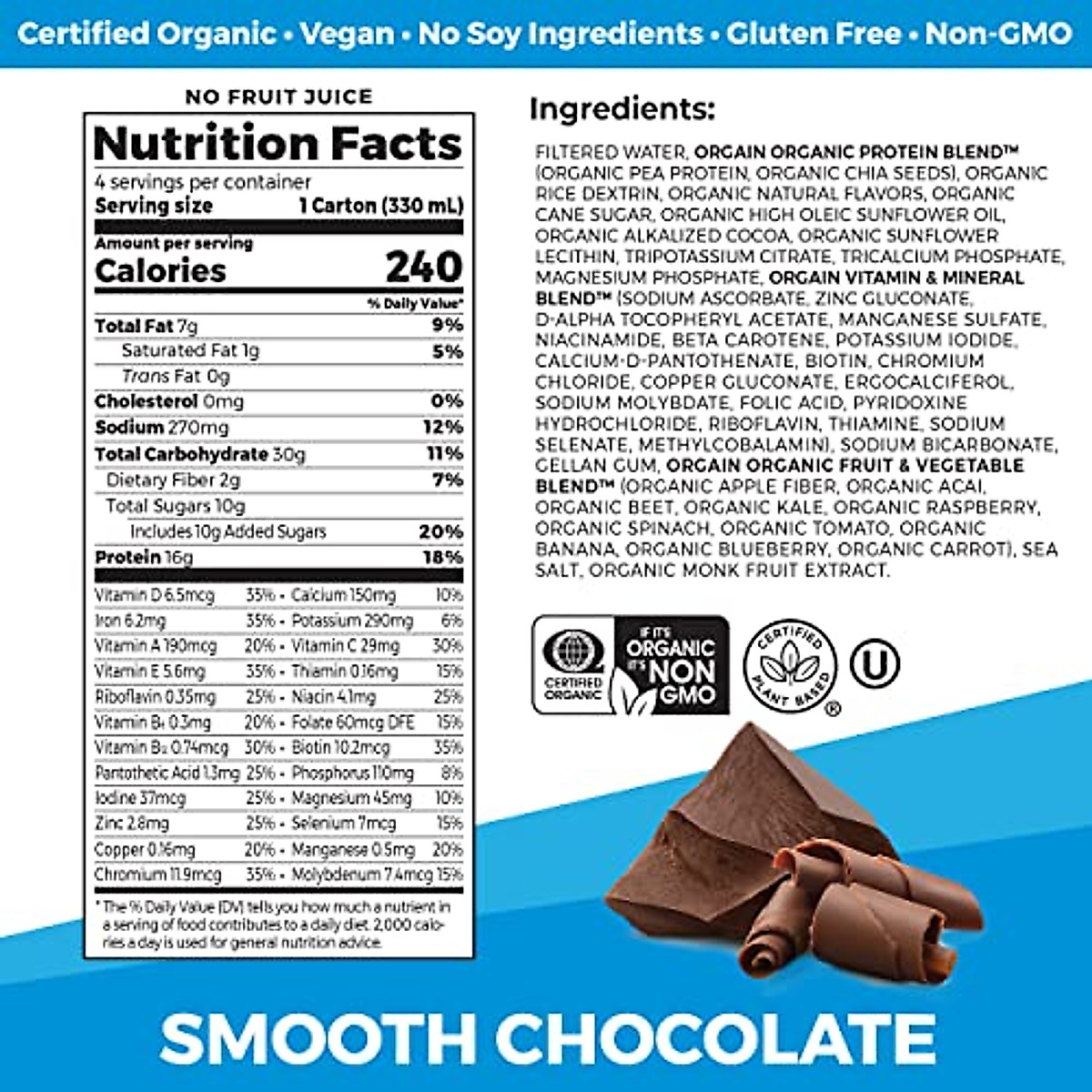 Orgain Organic Vegan Plant Based Nutritional Shake, Smooth Chocolate - Meal Replacement, 16g Protein, 22 Vitamins & Minerals, Dairy Free, Gluten Free, 11 Fl Oz (Pack of 4)