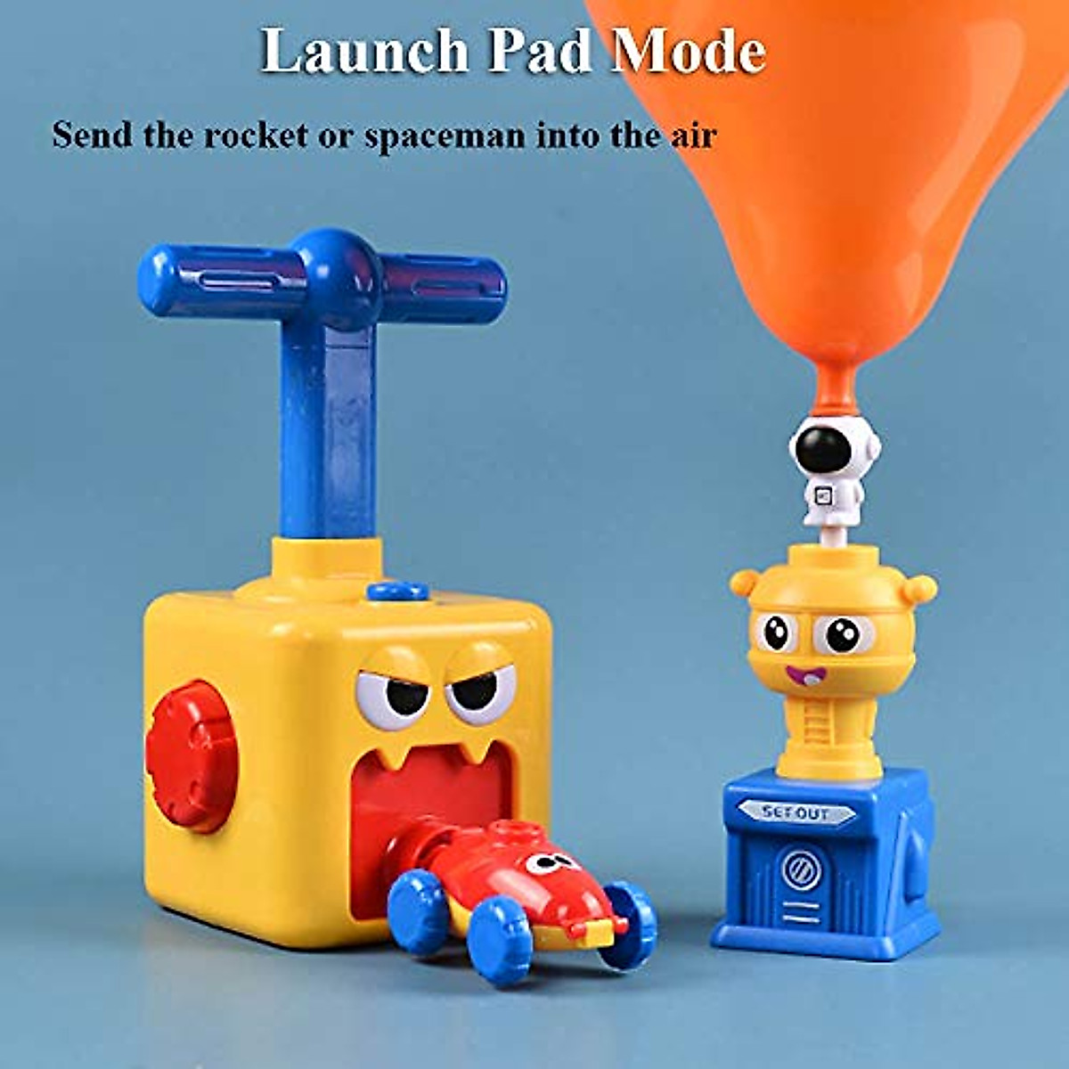 NEXTAKE Balloon Powered Car Inertial Power Vhicle Balloon Power Racer Launcher Rocket Spaceman Educational Scientific Experiment Toy Vehicle Toy for Kids with 12 Balloons (with Yellow Launch Pad)