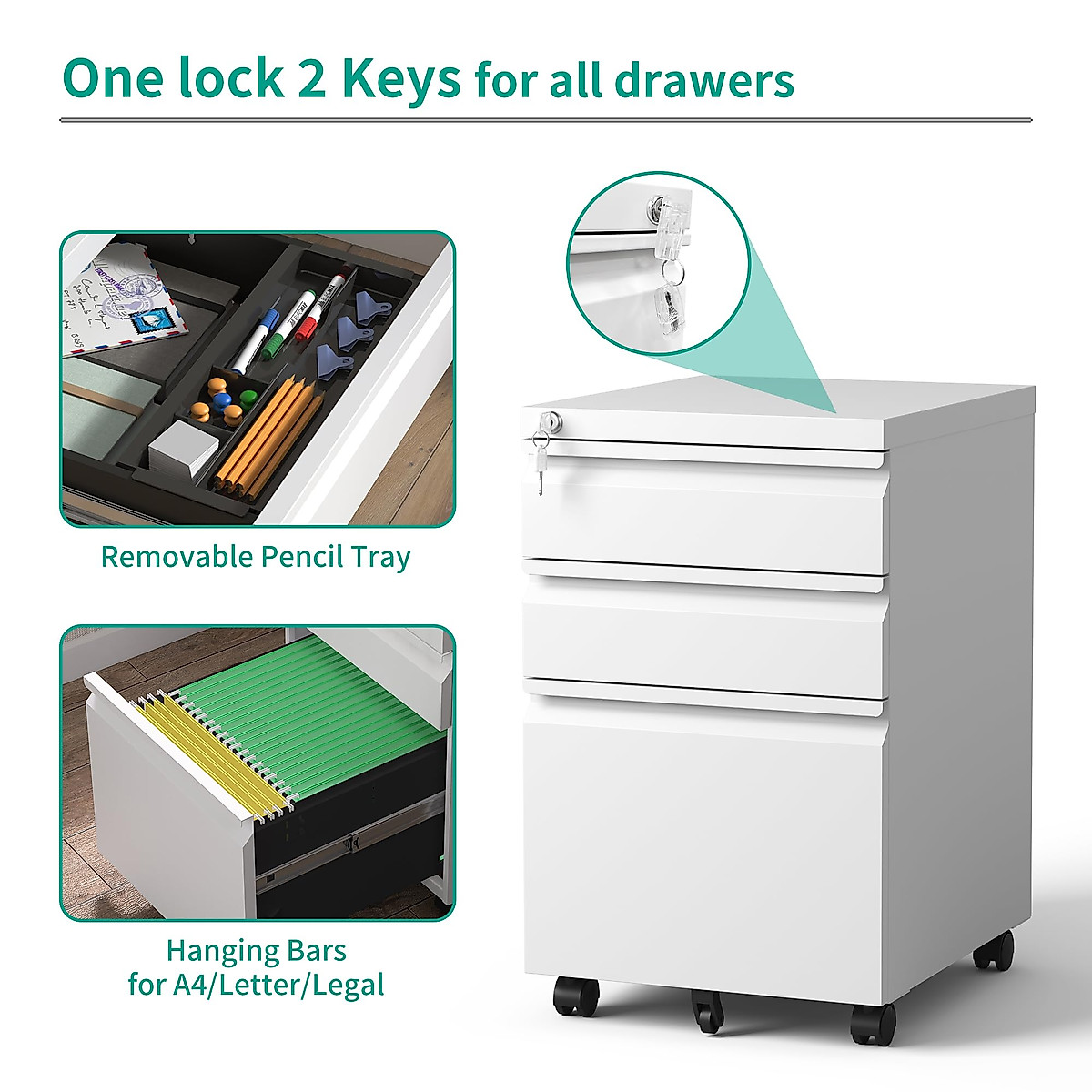 VIYET 3 Drawers Mobile File Cabinet, Rolling File Cabinets Fully Assembled Under Desk, Metal Filing Cabinet with Lock for Home Office Organizer Letters/Legal/A4 (White)