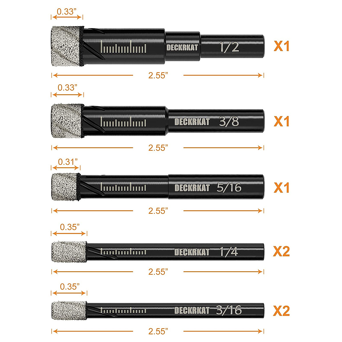 7 Piece Diamond Drill Bits Set, Core Drill Bits for Hard Materials - Tiles Ceramics Glass Stones – Built in Coolant, Fast Dry Drilling - Sizes 3/16" 1/4" 5/16" 3/8" 1/2" - Round Shank, Storage Case