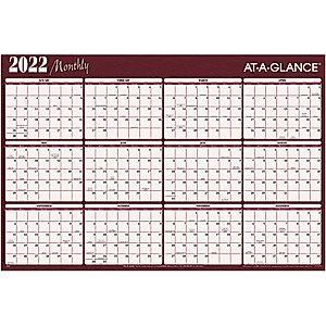 2022 Erasable Calendar, Dry Erase Wall Planner by AT-A-GLANCE, 48" x 32", Jumbo, Horizontal, Reversible, Red (A152)