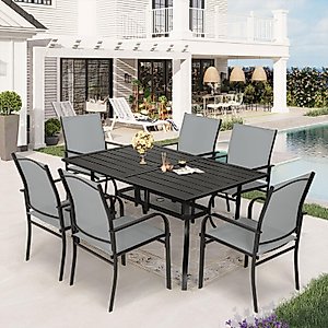 SUNCROWN 7 - Piece Outdoor Dining Set, Patio Furniture Set with 6 x Textilene Dinning Chairs and 1 Steel Slat Metal Bistro Table for Lawn Garden Backyard Deck, Grey