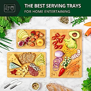 Wooden Cutting Boards for Kitchen Meal Prep & Serving - Bamboo Wood Cutting Board Set with Deep Juice Groove Side Handles - Charcuterie & Chopping Butcher Block for Meat - Kitchen Gadgets Gift (3 Pcs)