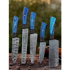 Handmade Damascus steel Chef Knives set with sharpener| 6 pcs of Professional Utility kitchen Knife Set with cleaver and leather Roll Bag