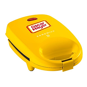Nostalgia Oscar Mayer Sandwich Maker with Beverage Cooler Bag, 5-Inch Nonstick Cooking Surface with Indicator Lights and Lock Feature, Lunch and Beverage Tote Included, Yellow