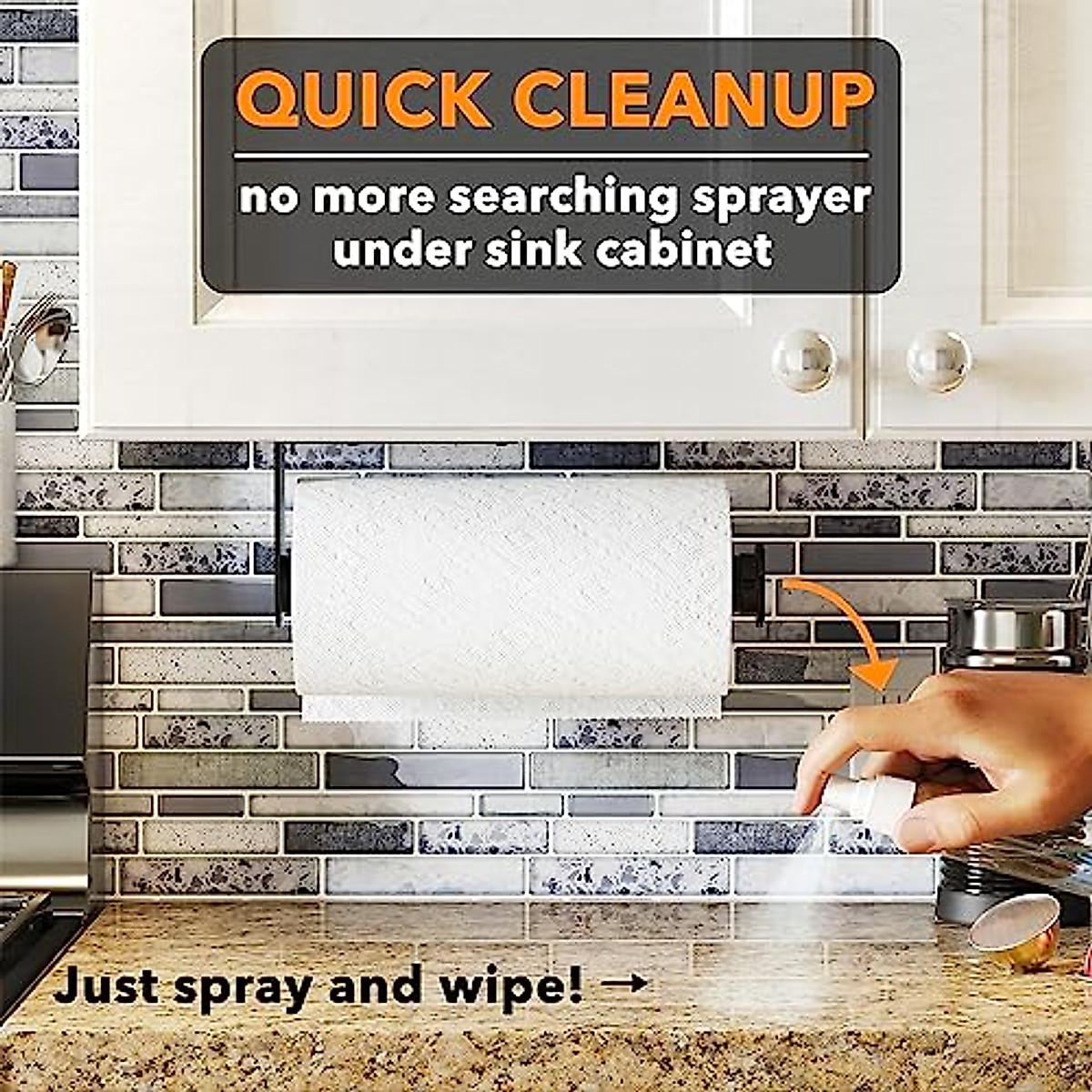 SpaceAid SprayNeat Paper Towel Holder with Spray Bottle, Under Cabinet Paper Towels Holders with Sprayer Inside Center, Hanging Wall Mount Papertowels Roller for Kitchen and Bathroom (Black)