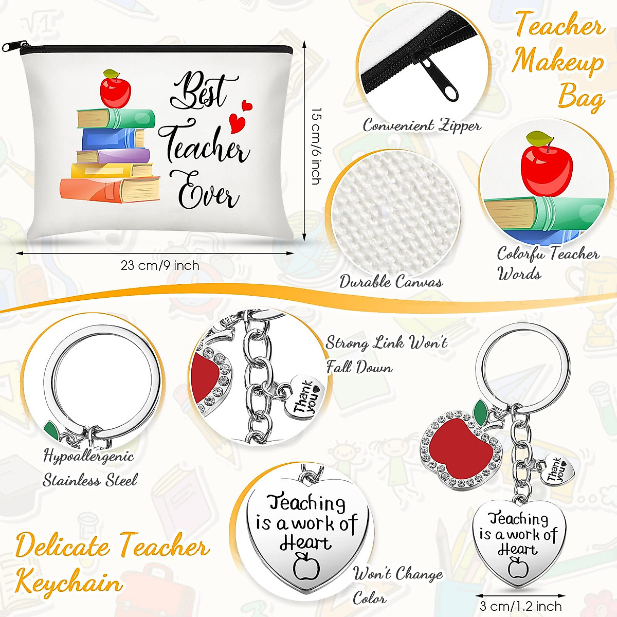 Sabary 12 Pieces Funny Thank You Gifts, 4 Teacher Travel Tumbler, 4 Teacher Makeup Bag with Zippers, 4 Teacher Apple Keychains, 20 oz Mug Tumbler for Birthday Teacher Appreciation Week