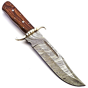 Skokie Knives Custom Hand Made Damascus Steel Hunting Bowie Knife Handle Walnut Wood With Mosic Pins And Brass Guard