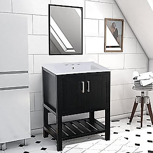 LUCKWIND 24" Black Bathroom Vanity Sink Combo, Modern Bathroom Cabinet with Space Save Bottom Shelf, Overflow 3-Hole Drop in Ceramic Vessel Sink Top & Mirror, Excluding Faucet