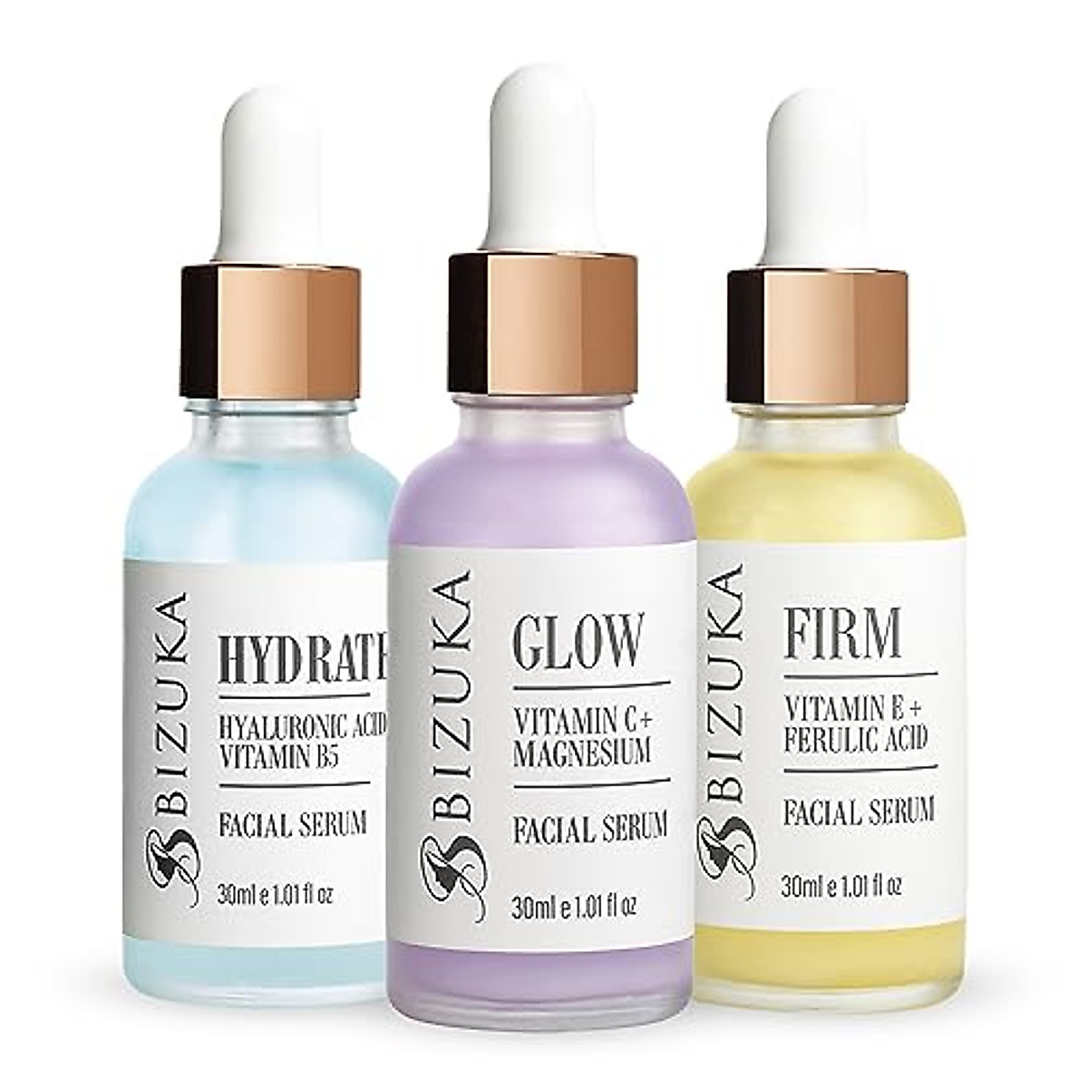 BIZUKA Vitamin C Serum Combo Pack - 3-in-1 Hydrating Skincare Set With Vit C Serum & Magnesium, Vitamin B5 & Hyaluronic Acid, Vitamin E & Ferulic Acid - Natural Formula, No Sulfates or Parabens - 1oz