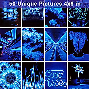 Ctosree 50 Pieces Blue Neon Aesthetic Pictures Wall Collage Kit Neon Blue Indie Room Decor Photo Collections Collage Dorm Decors for Girl Teens and Women for Room Bedroom Aesthetic, 4 x 6 Inches