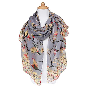 GERINLY Floral Birds Work Scarves for Womens Lightweight Cotton Shawls and Wraps Soft Thin Neckwear Head Scarf (Grey)