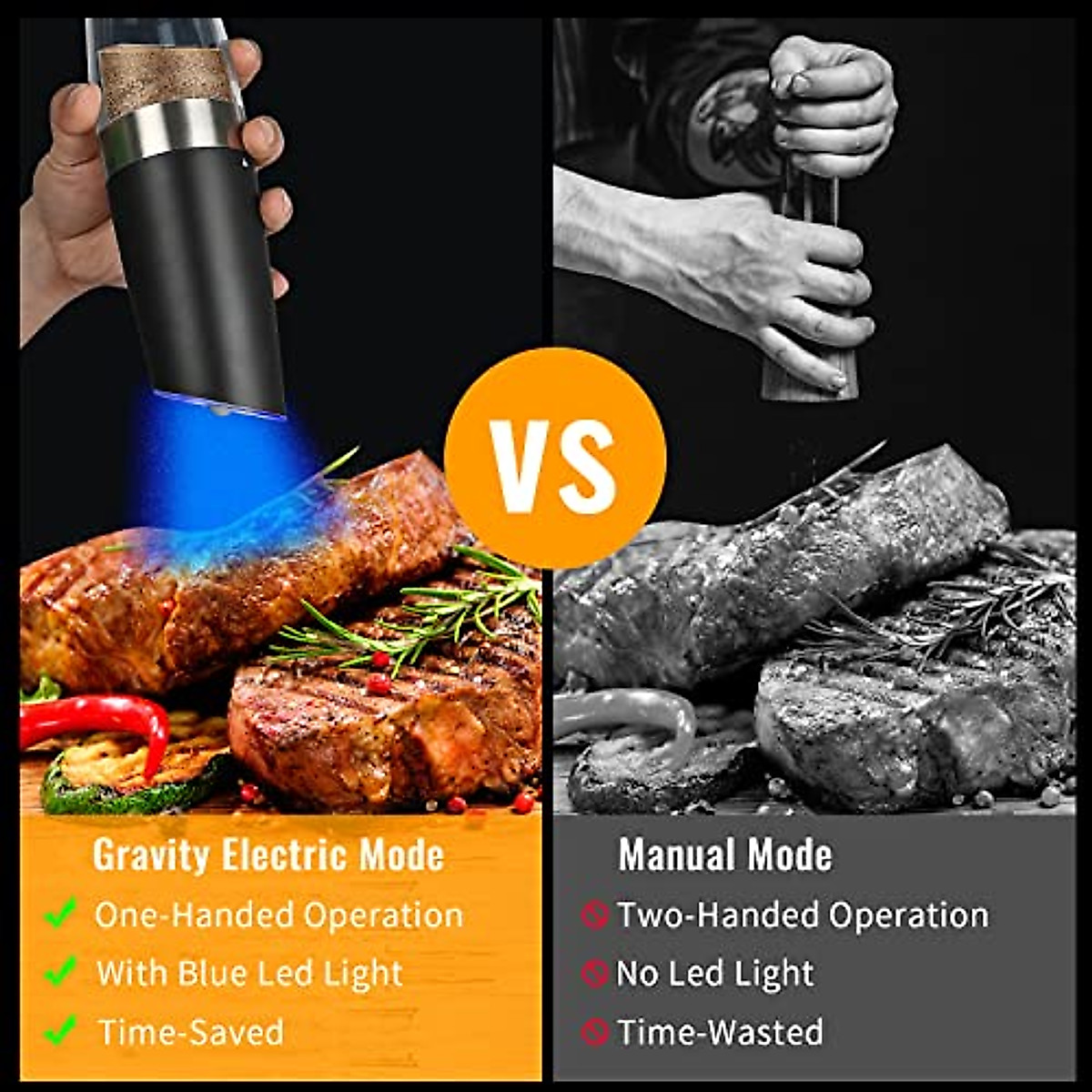 Gravity Electric Salt and Pepper Grinder Set, 2 Pack Automatic Salt and Pepper Grinder Set With LED Light & Adjustable Coarseness, One Hand Operation Mill Grinder Battery-Operated, Gift Idea, Black