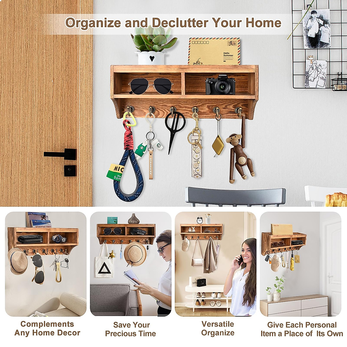 Key Holder Wall Mount - Mail Organizer Wall Mount with 6 Key Hooks and Storage Box for Sunglasses Storage and Dog Leash Holder Home Decor Rack Apartment Essentials Farmhouse Shelf Entryway Organizer