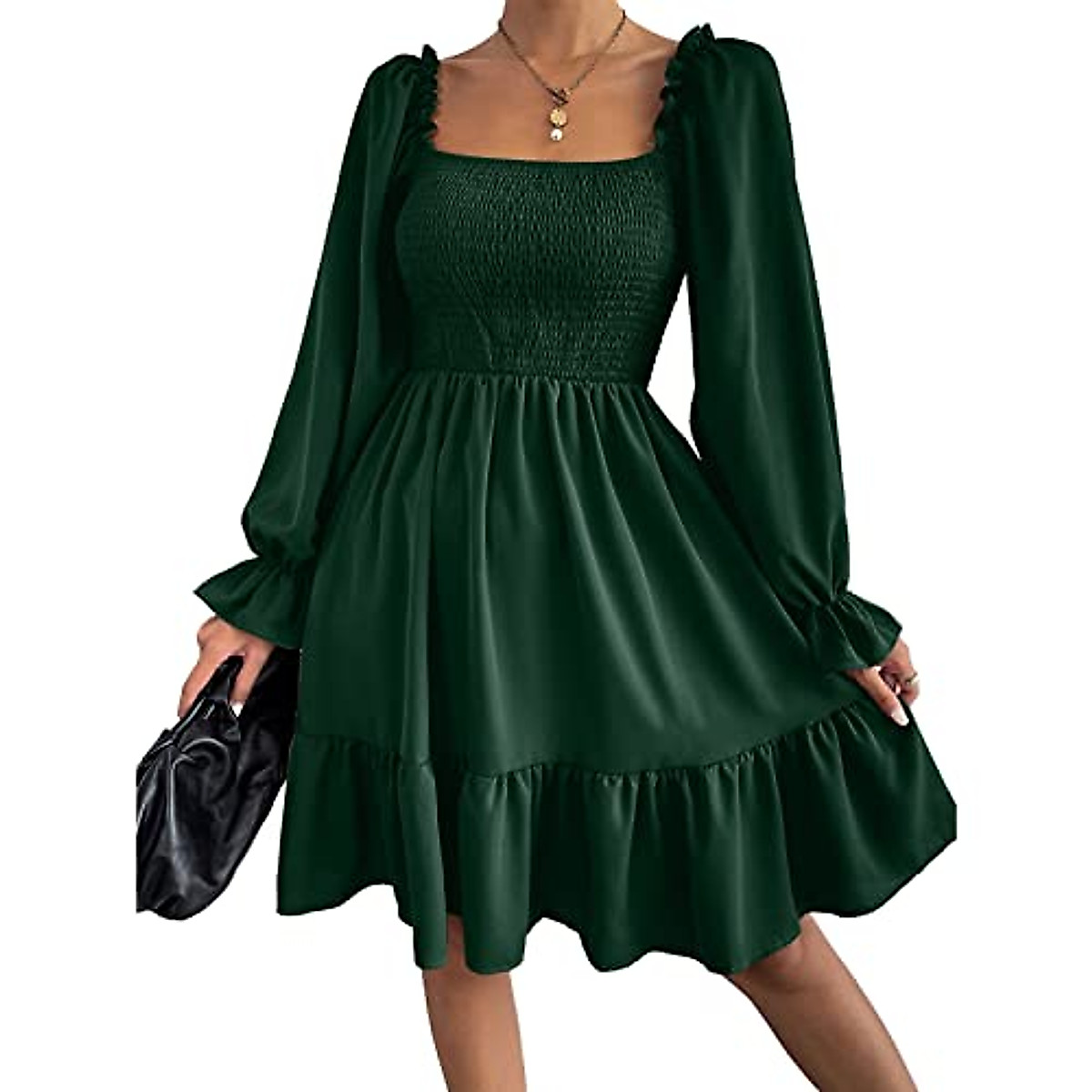 Ekaliy Women's Casual A line Dress Knee Length Puff Sleeves Smocked Elegant Homecoming Dress Green S