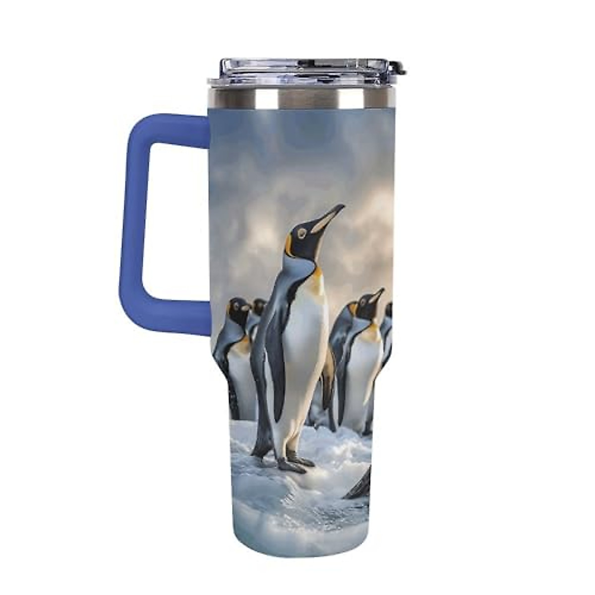 LLUTSNTH 40 Oz Vacuum Tumbler with Deep Blue Handle Leakproof Insulated Tumbler Sea Penguin Stainless Steel Travel Mug with Lid And Straw Coffee Cup Cute Water Bottles Cup Holder Friendly