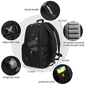 SHRRADOO Extra Large 50L Travel Laptop Backpack, College School Computer Backpacks with USB Charging Port Fits 17 Inch Laptops for Men Women(A Black)