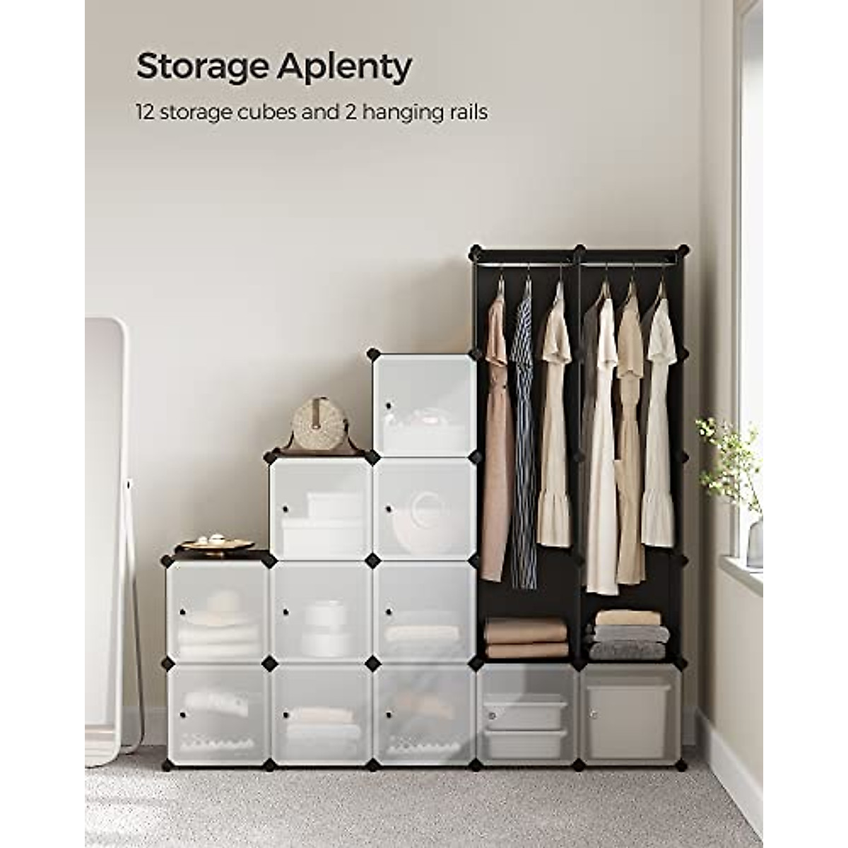 SONGMICS Cube Storage Organzier Portable Wardrobe Closet, 12 Cubes DIY Plastic Armoire Cabinet Modular Shelves Unit with Doors and Hanging Rods for Bedroom, Black ULPC301B01