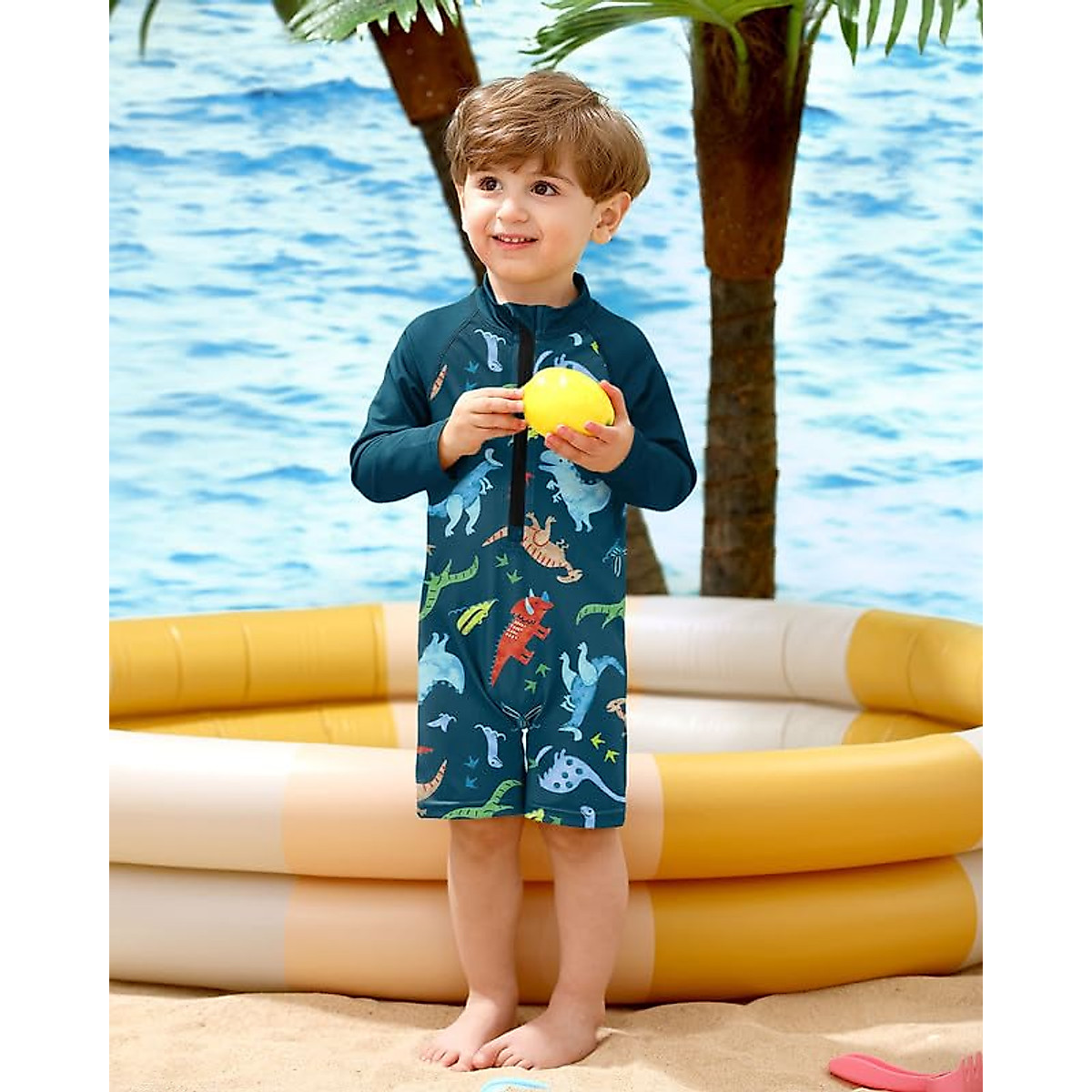 BesserBay Long Sleeve One Piece Rashguard UPF 50+ Dinosaur Navy Zip Up Swimwear for Baby Boy 18-24 Months