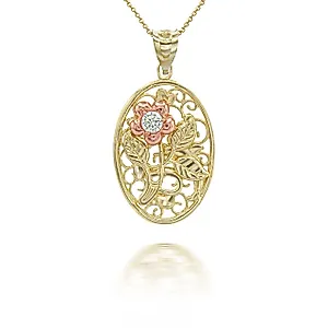 Elegant 14k Two-Tone Gold CZ Oval Filigree Rose Vines Pendant Necklace, 18"