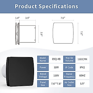 Zeyzer Black Bathroom Fan 110 CFM 1.0 Sone 5.9" Duct Square Ceiling or Wall Mount Ventilation Exhaust Fan for Bathroom/Corridor/Office/Laundry Room/Shop