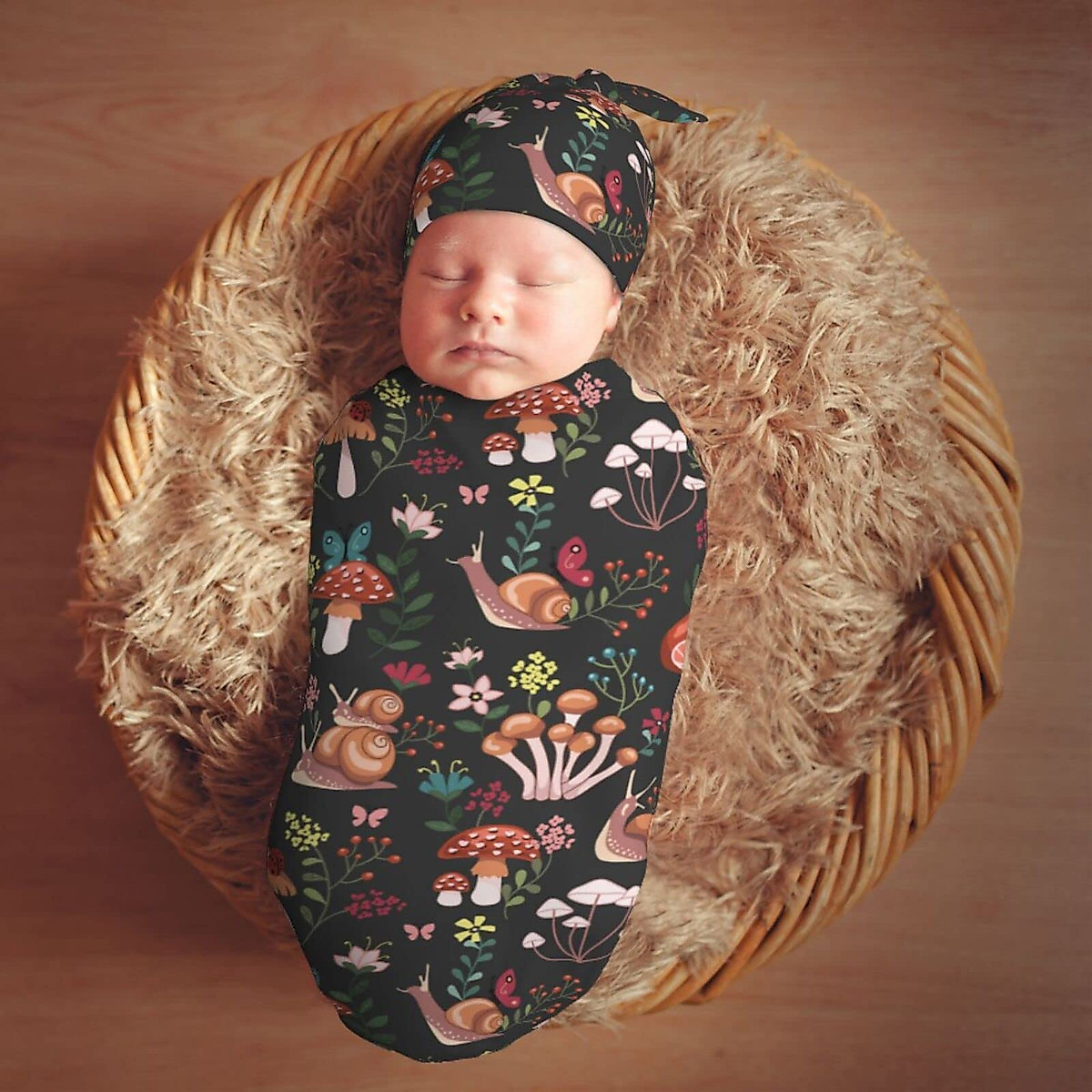 Muishi Mushrooms Snails Butterflies Newborn Swaddle Blankets Hat Sets Soft Baby Receiving Blanket Swaddle Sack for Baby Shower Infant Boy Girl Gift