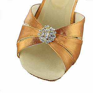 JIAJIA 20510 Women's Satin Sandals Flared Heel Latin Salsa Performance Dance Shoes Color Tan,Size 7.5 B(M) US/38 EU