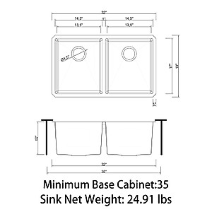Sinber 32" x 19" x 10" Undermount Double Bowl Kitchen Sink with 16 Gauge 304 Stainless Steel Satin Finish HU3219D-S-16G (Sink Only)