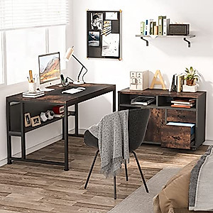 Tribesigns 55 inches Executive Desk with File Cabinet and Power Outlet,L-Shaped Computer Credenza Desk, Home Offices Desk with Drawers and Shelves, Rusitc Business Furniture Set