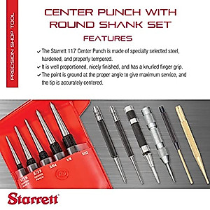 Starrett Steel Center Punch with Round Shank and Knurled Finger Grip - Hardened and Tempered, 4" (100mm) Length, 1/8" (3mm) Diameter Tapered Point