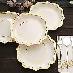Tableclothsfactory 25 Pack | White/Gold 8" Scallop Rim Dessert Party Paper Plates, Disposable Appetizer Salad Plates - 300 GSM