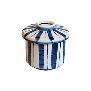 IPPINKA Japanese Porcelain Chawanmushi Cup with Lid, Seto-mono, Made in Japan, 105cc, Blue Tokusa Stripe