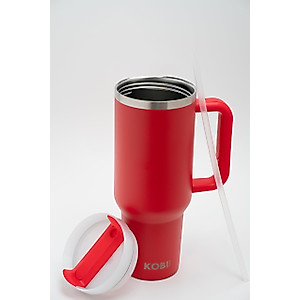 KOBI KUP Spill Proof 40oz Stainless Steel Double Wall Vacuum Insulated Tumbler with Handle, Straw Lid and Straw-RED