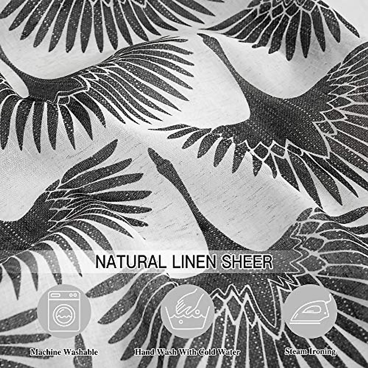 KGORGE Sheer Curtains 84 inch Length - Natural Linen Floral Curtains Geometric Print Half Translucent Washable Window Drapes for Bedroom Living Room French Door, Set of 2, Black