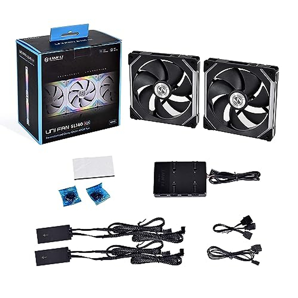 Lian Li UNI Fan SL140 Double Pack Black with Controller (ARGB 140mm LED PWM Daisy-Chain) (SL140-2 Black Cooler)