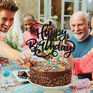 Crseniny Happy Birthday Cake Topper,Black Glitter Birthday Sign Cake Decorations，Anniversary Party/Birthday Party Decoration Supplies(Black)