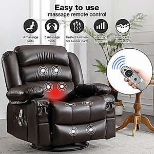 Etsaleruo Massage Swivel Rocker Recliner Chair, PU Leather Living Room Lounge Chair with Vibrating Massage and Heat, Multifunctional Lazy Sofa with Side Pockets 2 Cup Holders USB Charge Port, Brown