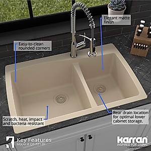 Karran QT-721 Drop-In Quartz Composite 34 in. 1-Hole 60/40 Double Bowl Kitchen Sink in Bisque