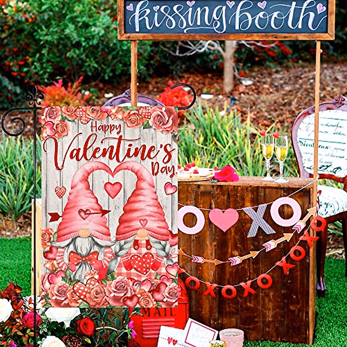 Valentines Day Garden Flag, Valentine Garden Flag 12x18 Double Sided, Happy Valentine's Day Gnomes with Love Heart Roses Burlap Vertical Yard Flag for Home Lawn Outdoor Decorations