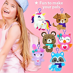 KRAFUN Unicorn Sewing Keyring Kit for Kids Age 7 8 9 10 11 12 Learn Art & Craft, Includes 6 Stuffed Animal Bear, Dog, Rabbit, Raccoon, Owl Dolls, Instruction & Felt Materials