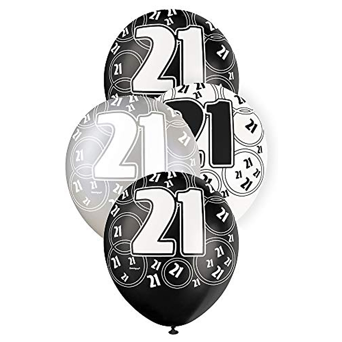 Unique Party 80893-12" Latex Glitz Black and Silver 21st Birthday Balloons, Pack of 6