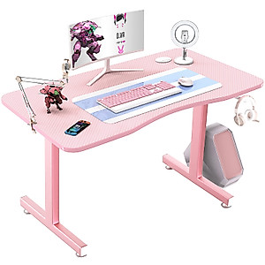 Vitesse Pink Gaming Desk 40 Inch Cute Kawaii Computer Table T Shaped Girl Gamer Workstation Home Office with Carbon Fiber Surface and Headphone Hook (Pink) 40*28*21.5