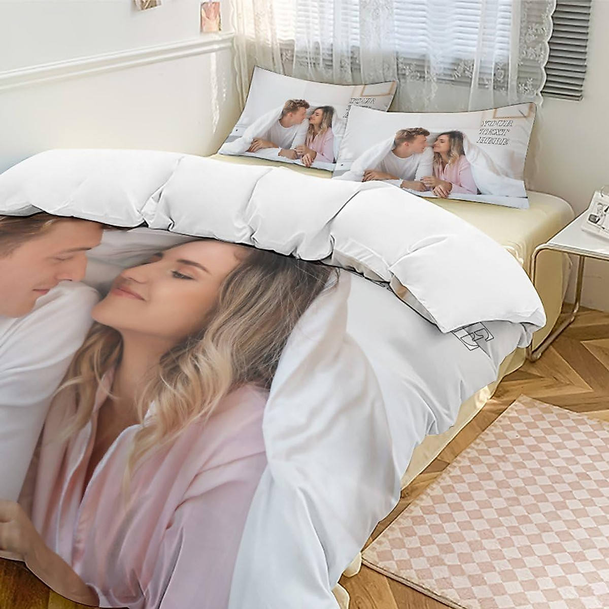 Custom Bedding Set with Photo Text Logo Custom Comforter Set Custom Bedding 3pcs Sets Bedding Cover Set Customized Duvet Cover Set for Family Kids Couples Birthday (1 Comforter and 2 Pillowcases)