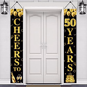 50th Birthday Door Banner Decorations for Men Women, Black Gold Cheers to 50 Years Door Porch Sign Party Supplies, Happy Fifty Anniversary Backdrop Decor for Indoor Outdoor