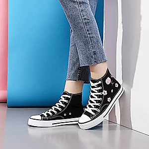 kufeiti Women’s Embroidered High Top Canvas Sneaker Black Lace-up Comfortable Casual Fashion Sneaker(Embroidery Black, US10)