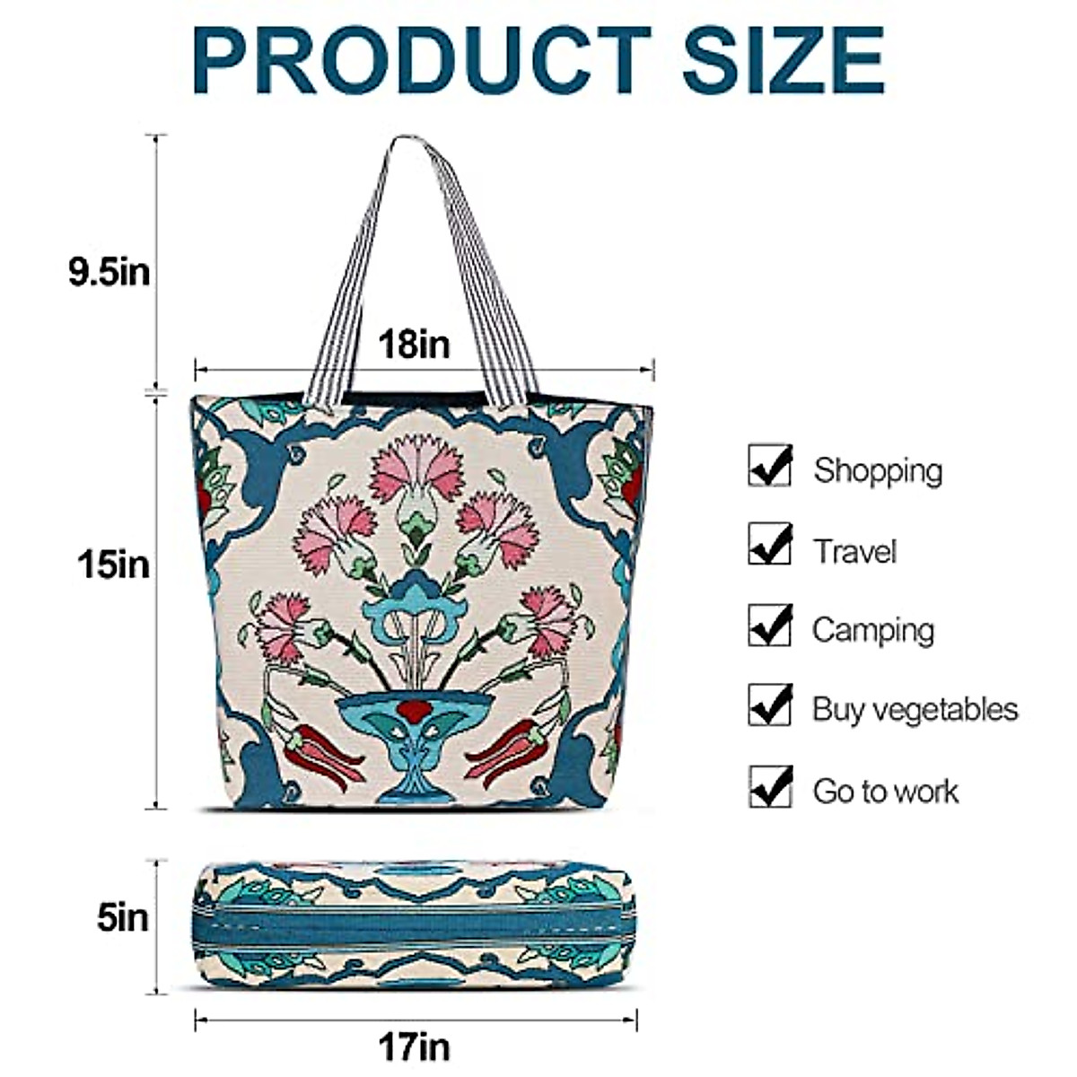 Aflngle Tote Bag for women Casual Canvas Handbags Beach Totes Large Capacity Grocery Shopping Bag Floral Embroidered Fashion Tote Bags, Travelling Shoulder Bags With Zipper boho Daily Bag