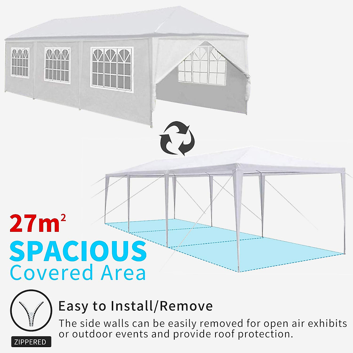 HCY 10'x30' Party Tent Heavy Duty Outdoor Gazebo Canopy with 8 Removable Sidewalls for Outdoor Wedding, BBQ, Camping, Backyard (White)