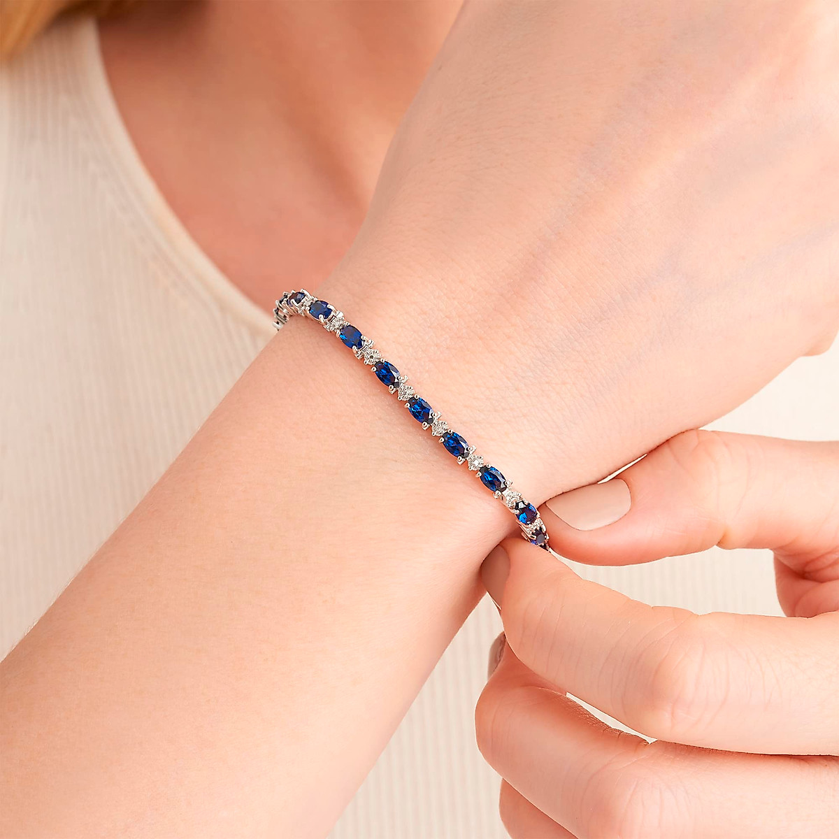 MORGAN & PAIGE Tennis Bracelet for Women, Diamonds and Oval Gemstones, Birthstone Colors, Pure 925 Sterling Silver with Secure Locking Clasp