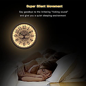 Abdurey Night Light Wall Clock, 12" White Retro-Vintage Style, Silent Battery Operated, Sound Control Sensor Lighted Wall Clocks, for Bedroom, Living Room, Farmhouse (Tree of Life Warm Light)