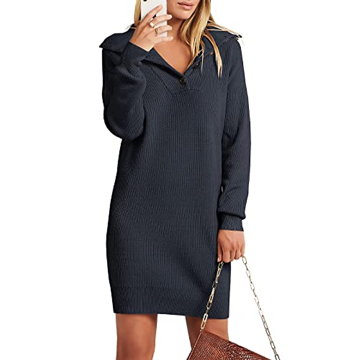 ANRABESS 2023 Fall Long Sleeve Womens Sweater Dress Oversized Lapel Collar Button V Neck Ribbed Loose Fit Casual Trendy Pullover Short Mini Fashion Dresses B782zanglan-L Navy Blue